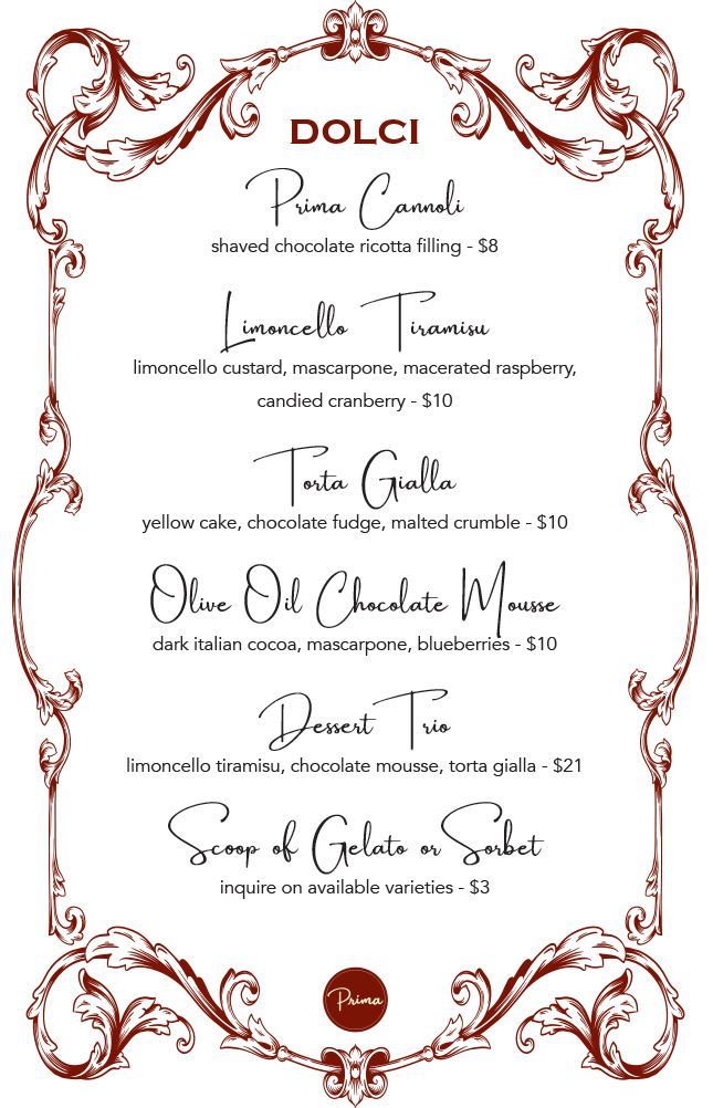 Our Dessert Menu - Prima Italian Steakhouse