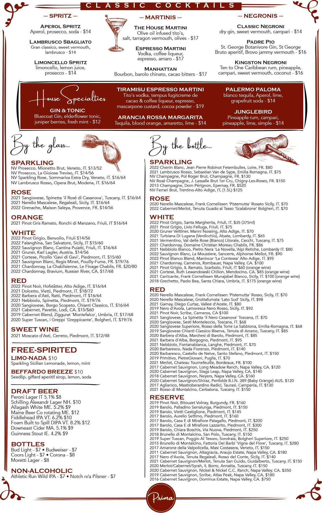 Our Dinner Menu - Prima Boston Italian Steakhouse