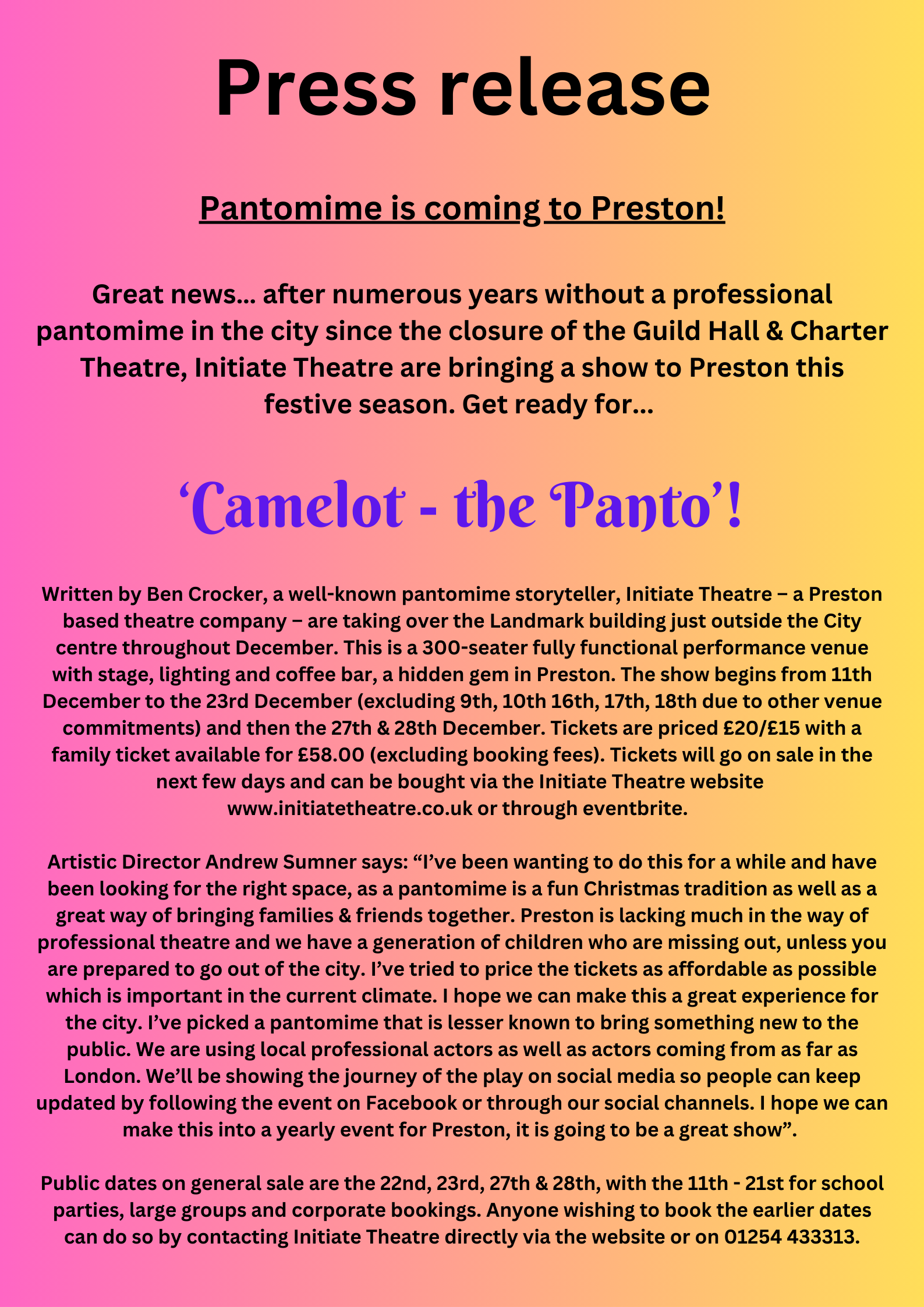 Camelot the Panto PRESTON