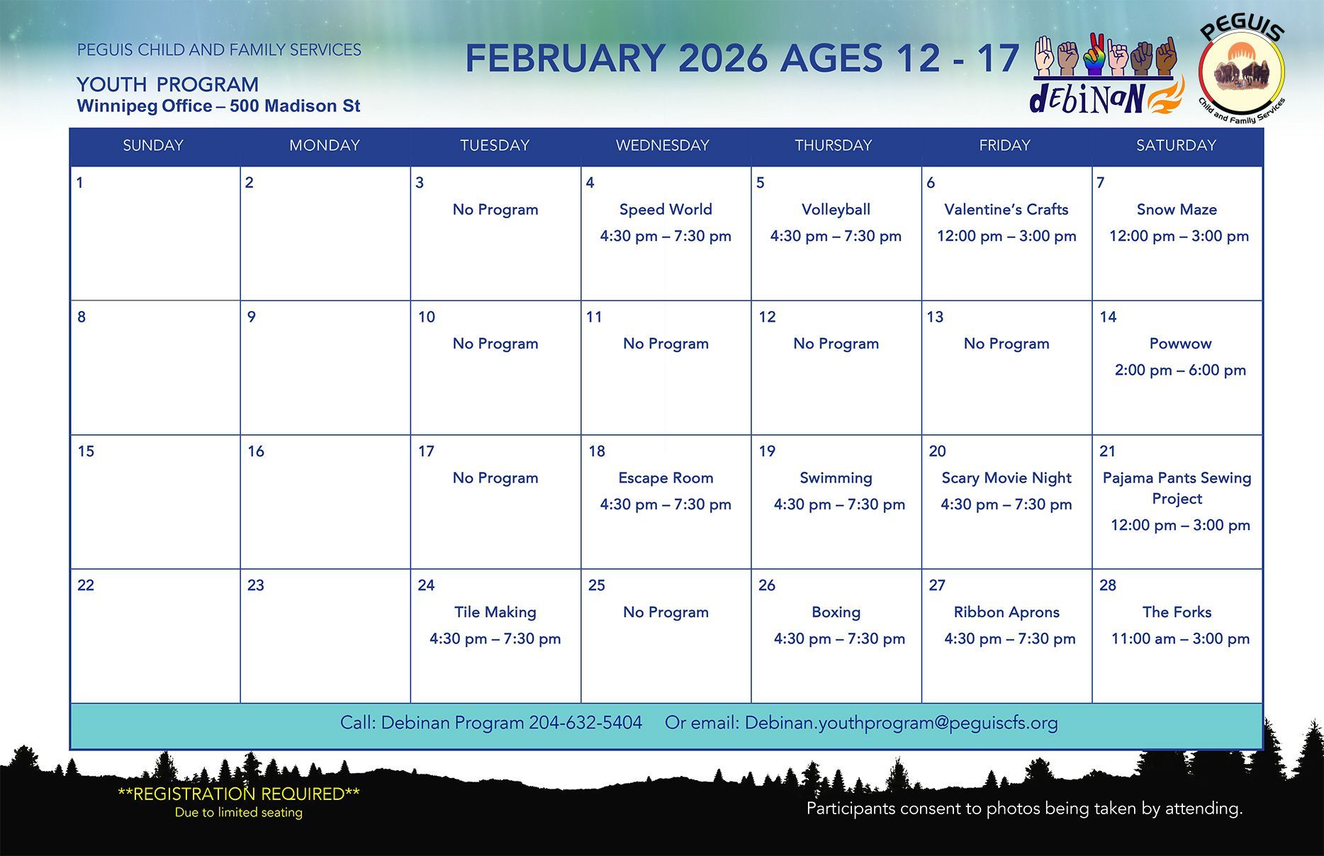 Debinan Youth Program, Winnipeg, Ages 12-17, February 2026 Calendar