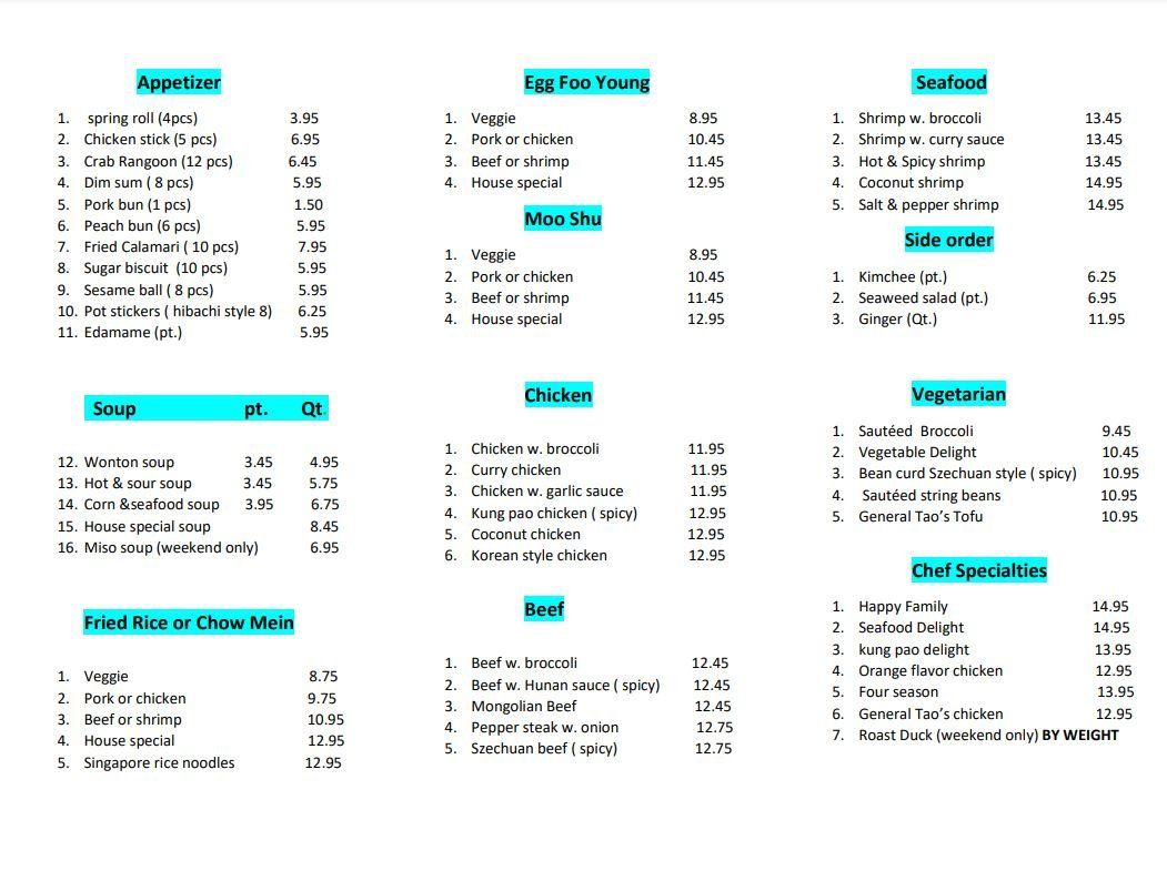 Menu |Chico, CA| Kwando Buffet