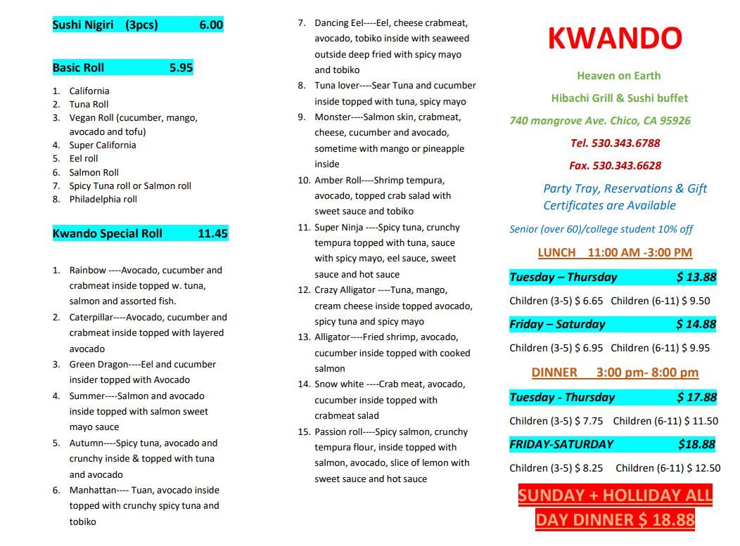 Menu |Chico, CA| Kwando Buffet
