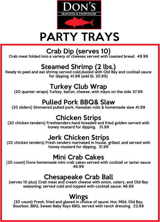Food Trays – Ocean Pines, MD – Don’s Seafood & Chophouse