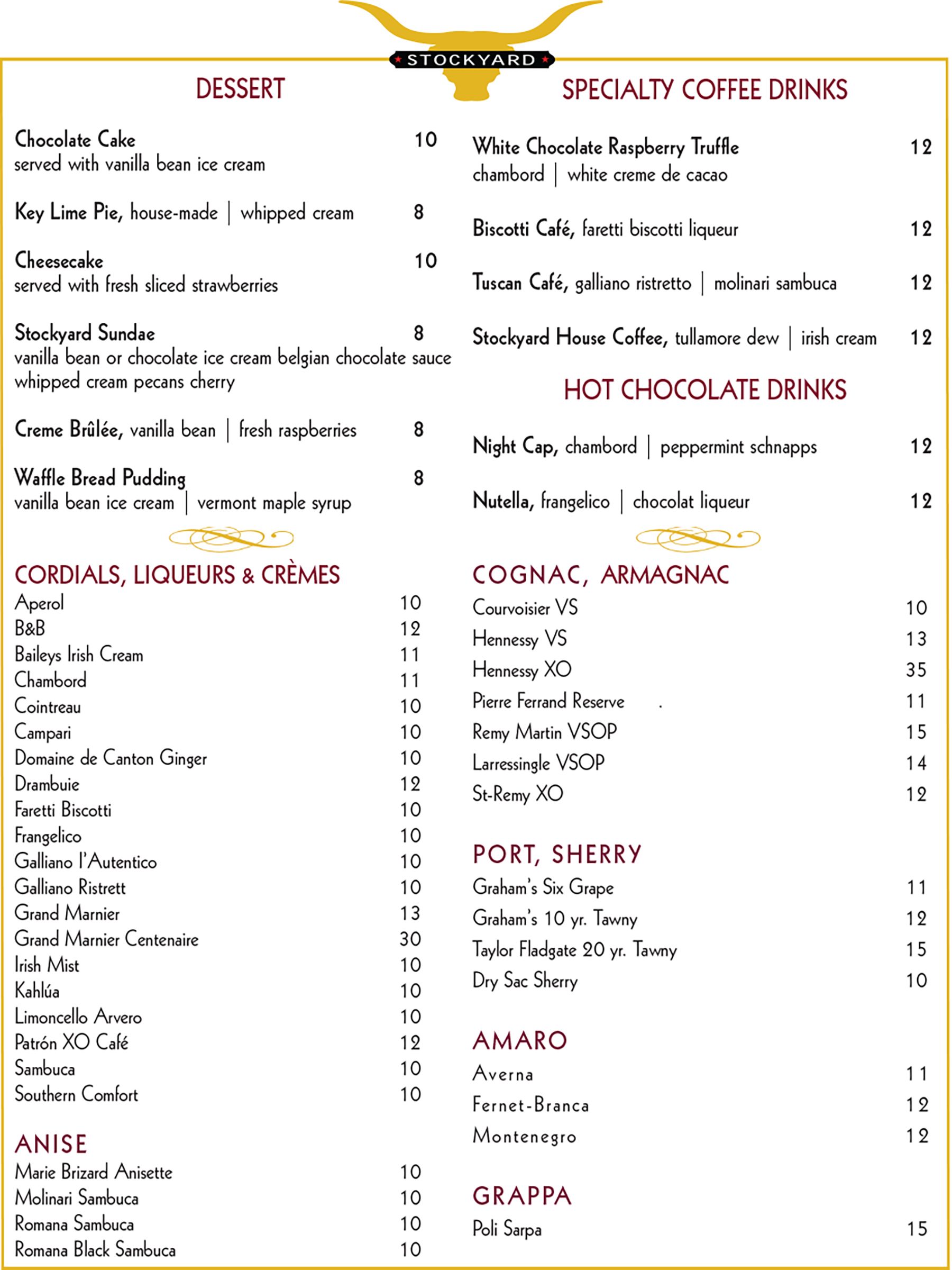 Dessert Menu - Stockyard Restaurant Boston's Best Steakhouse
