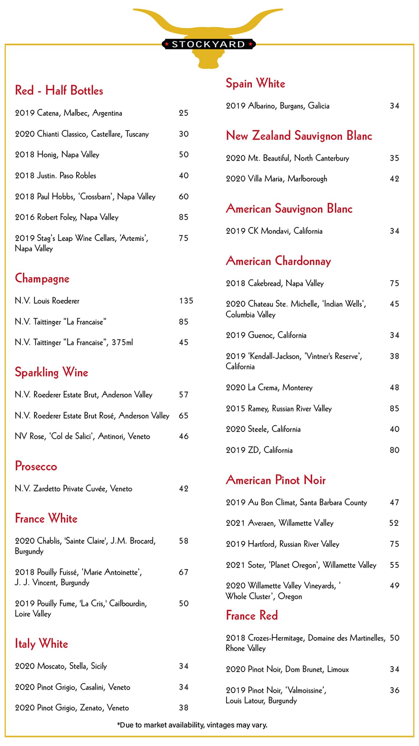 Wine Menu - Stockyard Restaurant Boston's Best Steakhouse.