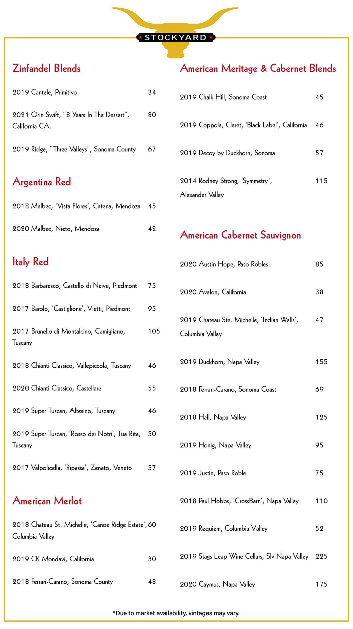 Wine Menu - Stockyard Restaurant Boston's Best Steakhouse.