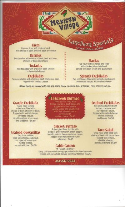 Restaurant Menu | Mexican Village Restaurant - Detroit, Michigan