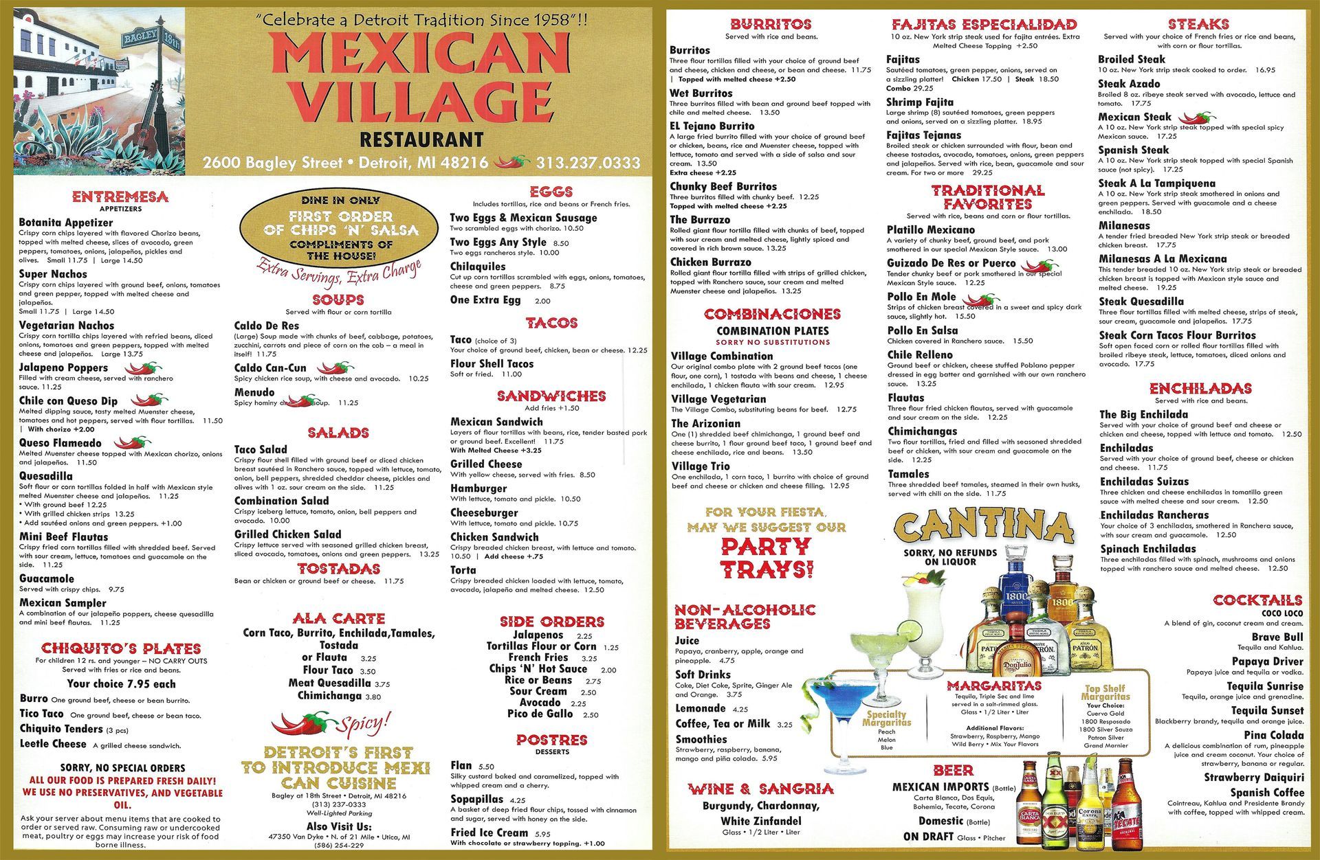 Restaurant Menu | Mexican Village Restaurant - Detroit, Michigan