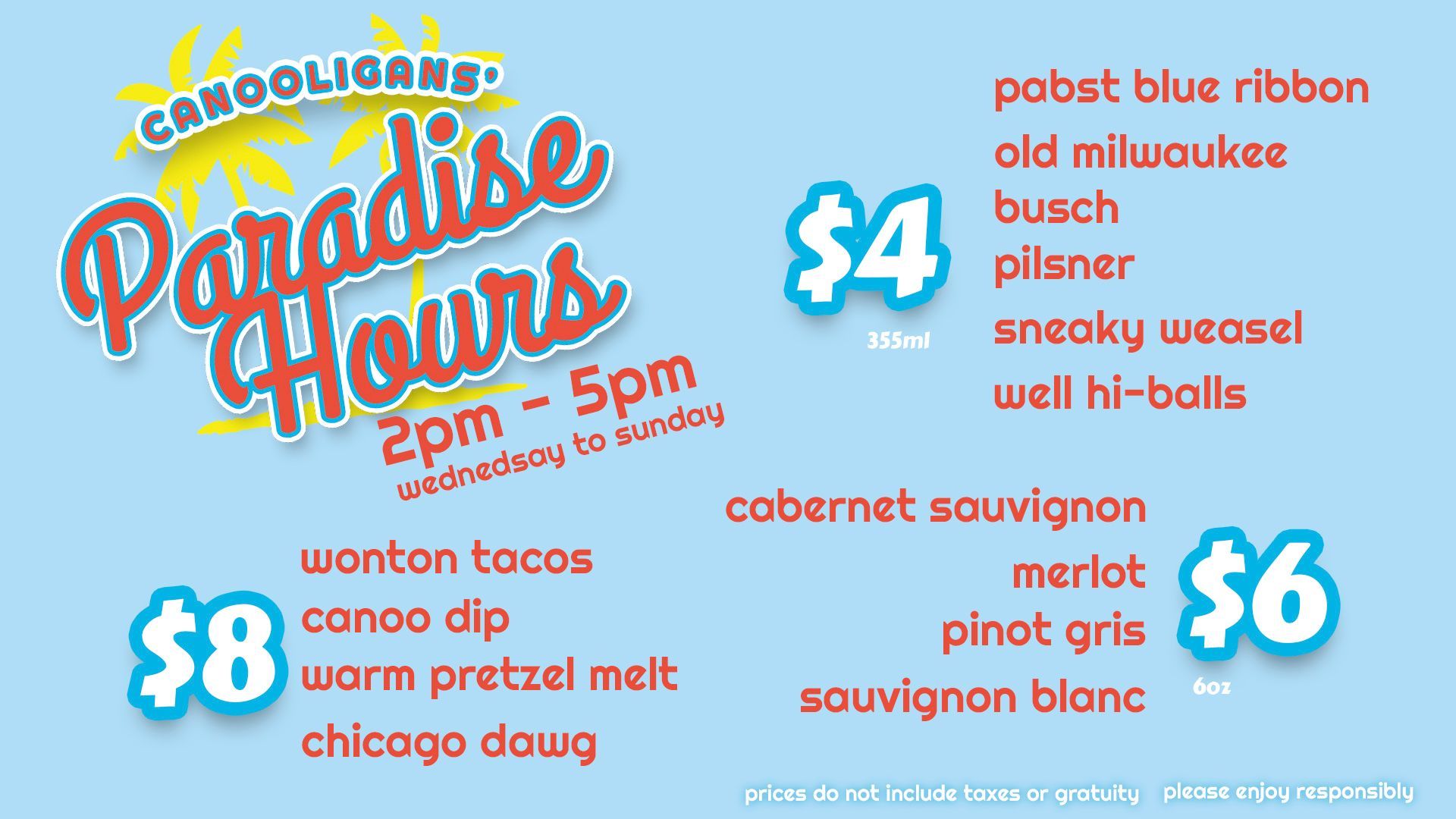 Menu at Canooligans' Lake Lounge