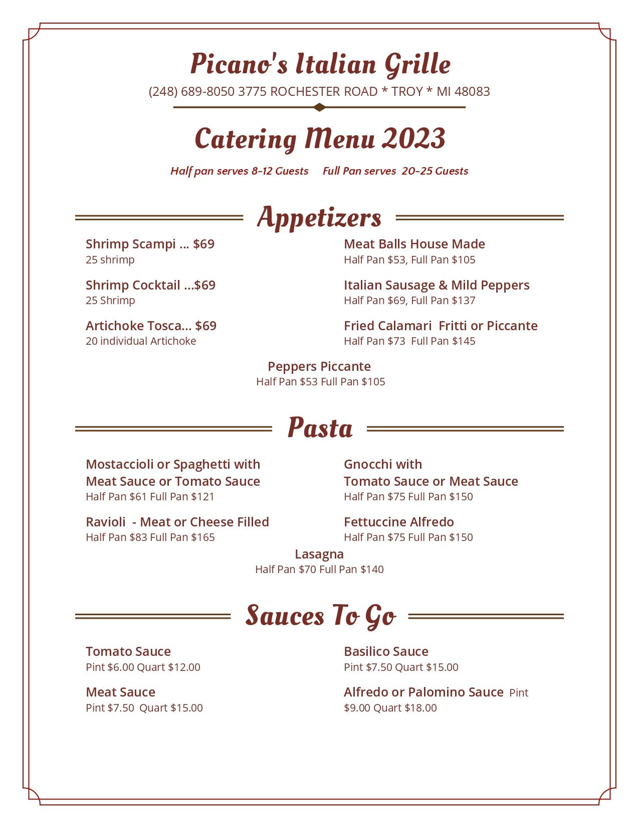 Catering Menu Options – Troy, MI – Picano’s Italian Grille