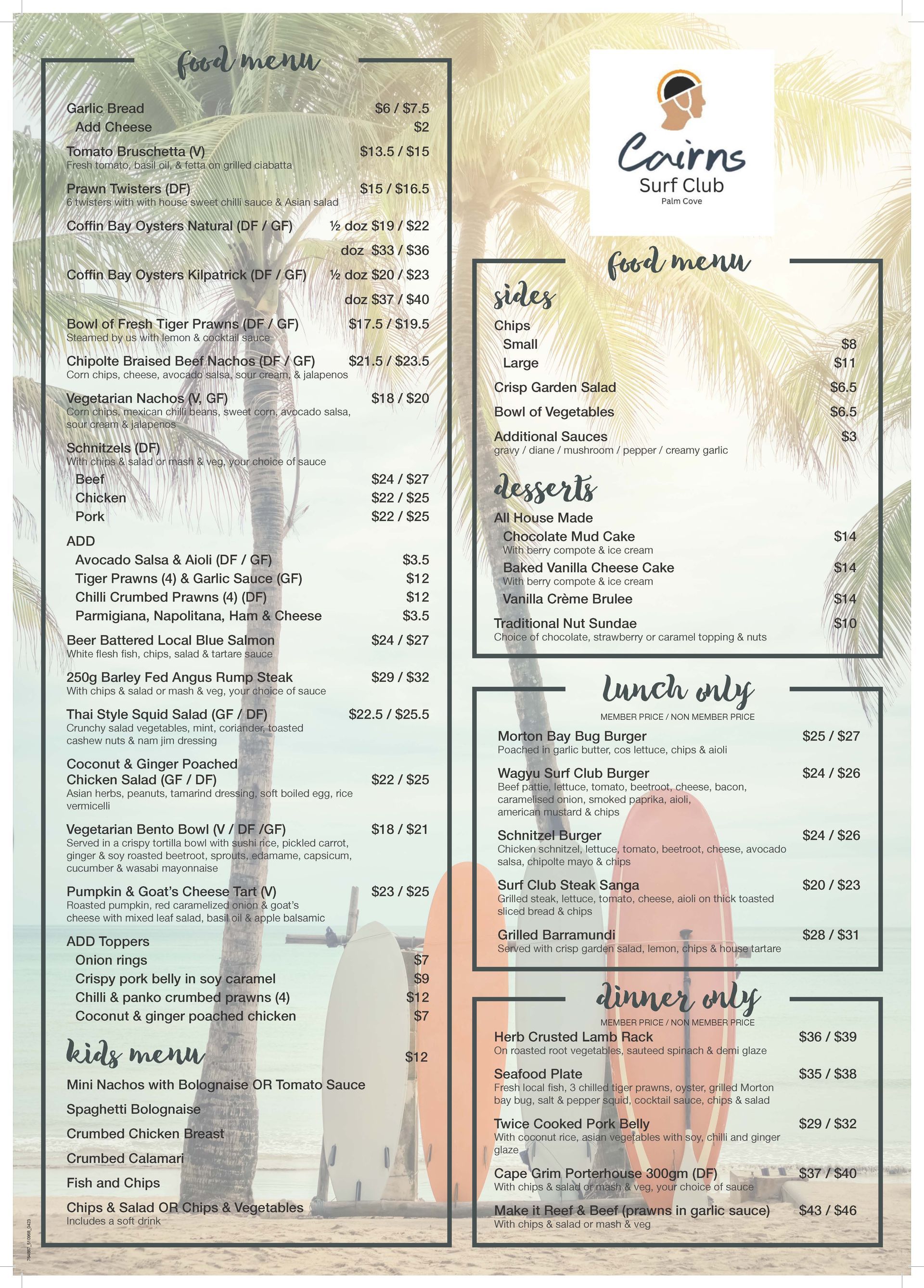Bistro Menu - Surf Club Palm Cove