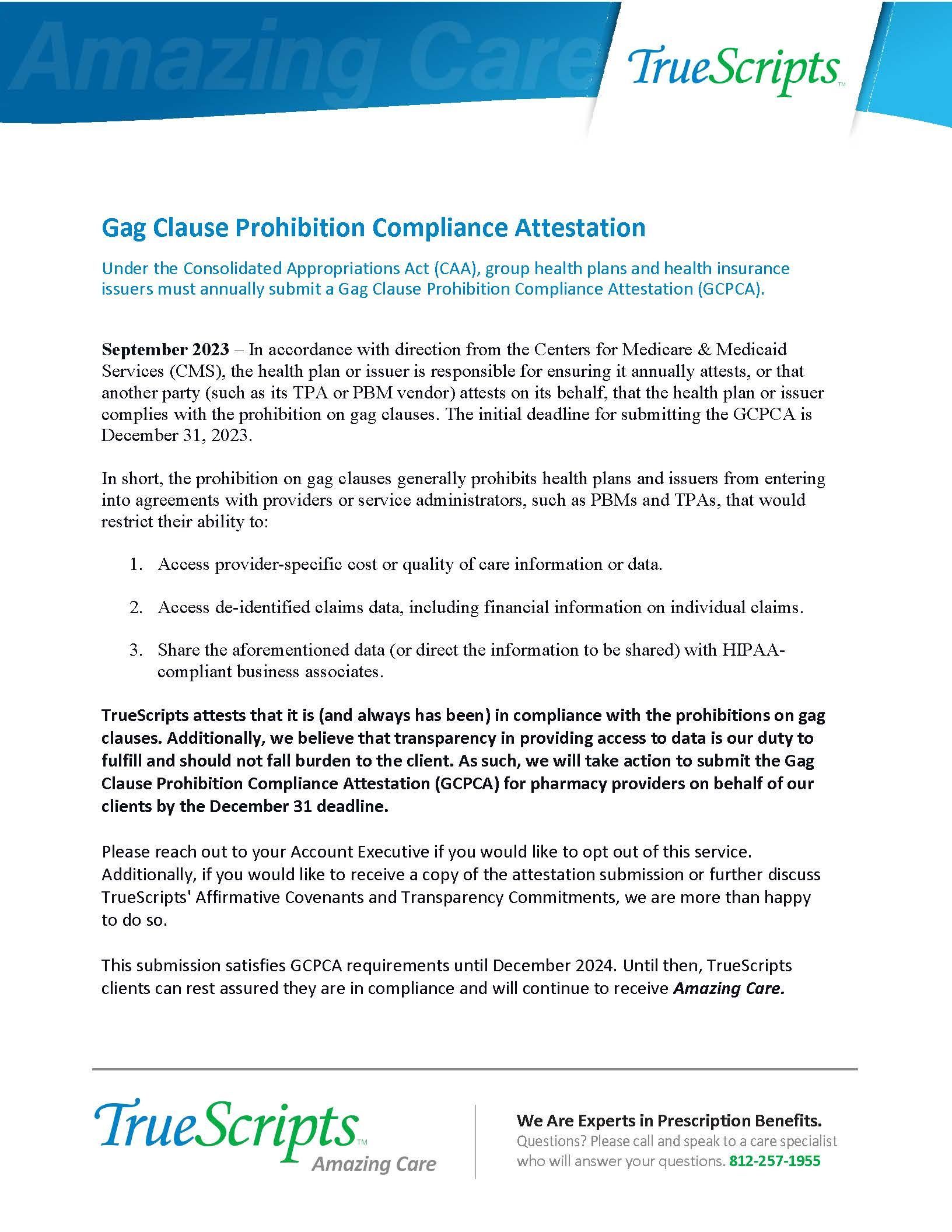 Gag Clause Prohibition Compliance Attestation