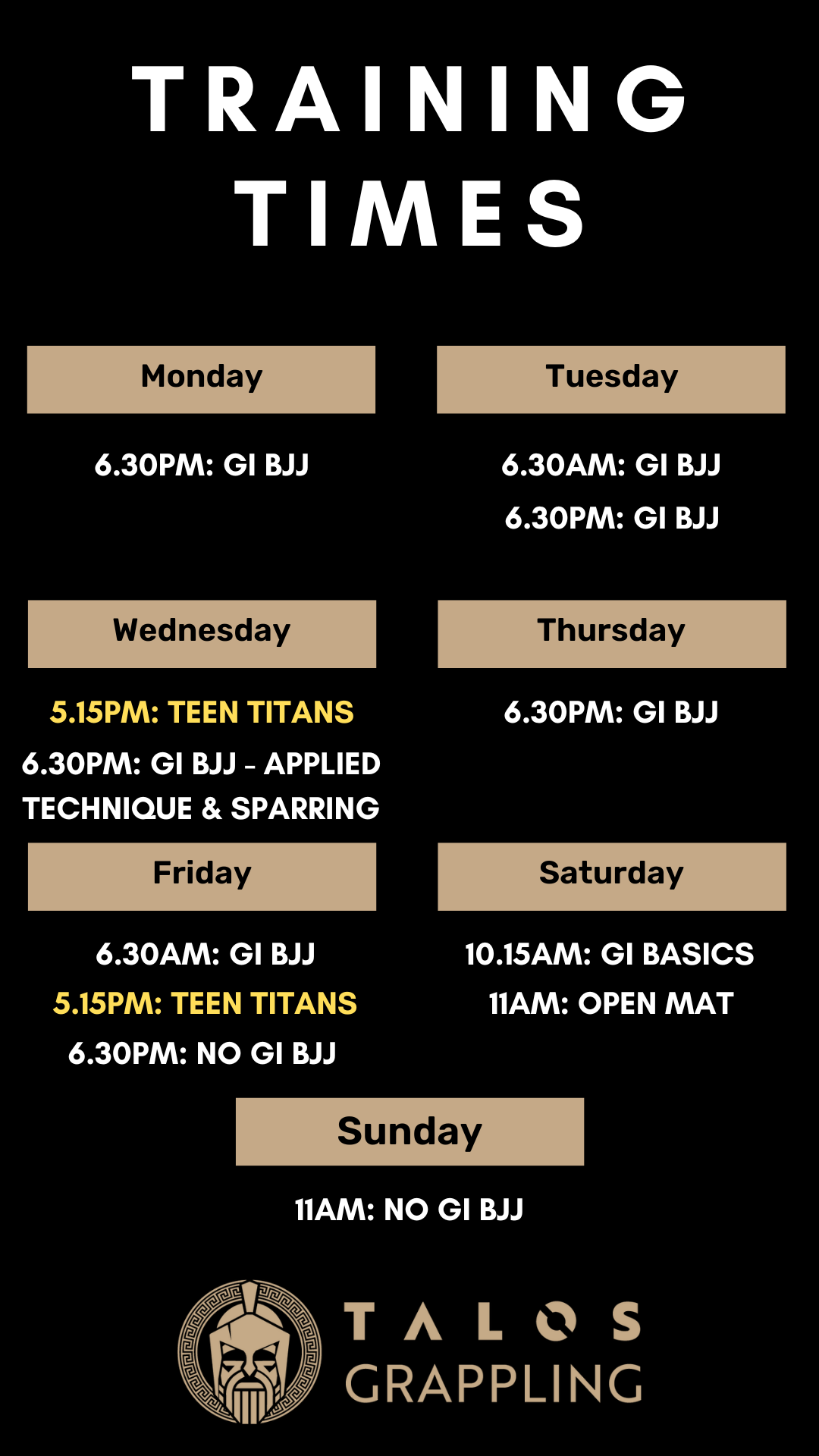 Talos Grappling Timetable | Learn Brazilian Jiu-Jitsu and Wrestling