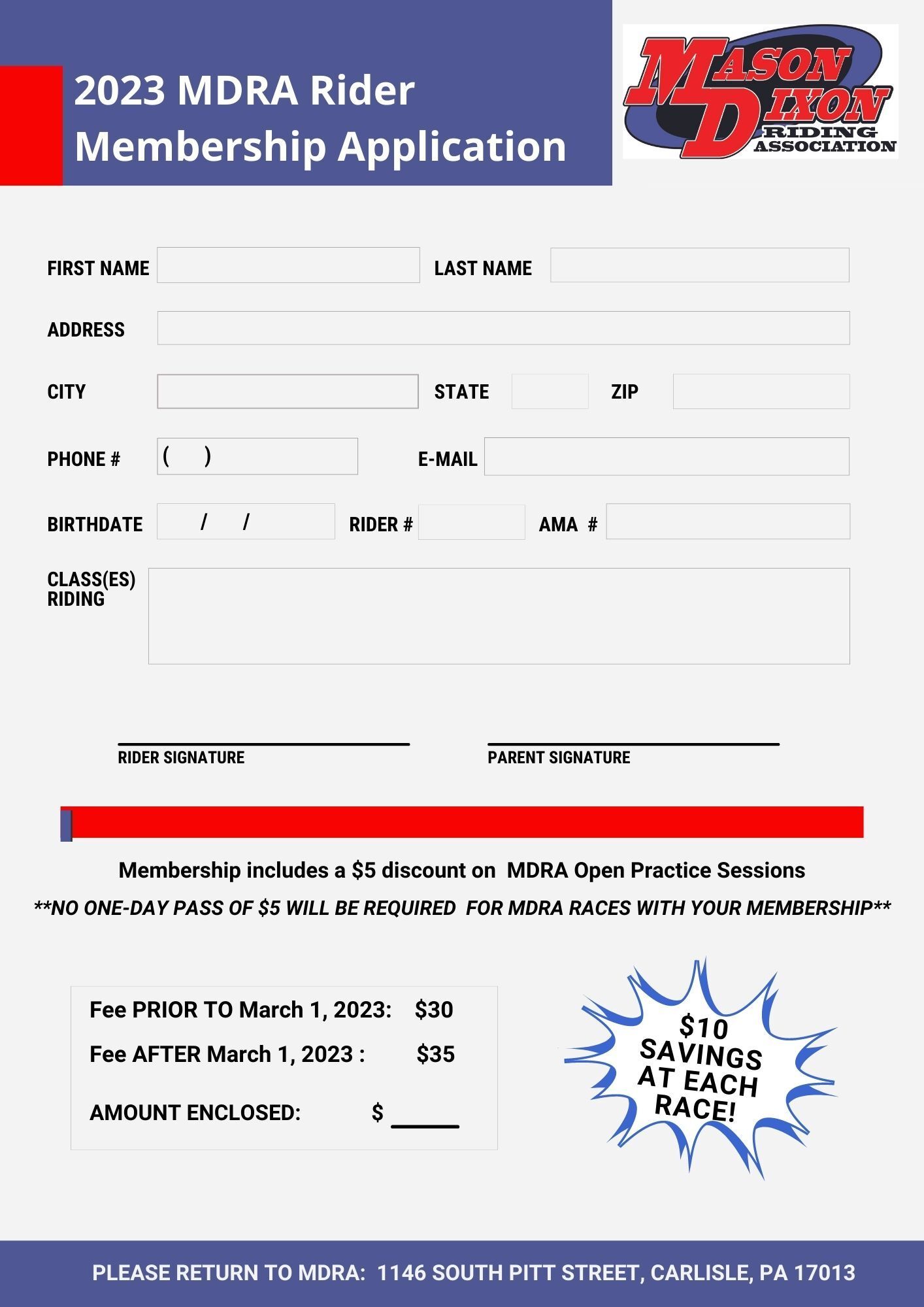 MDRA MX Motocross sponsor form and rider form