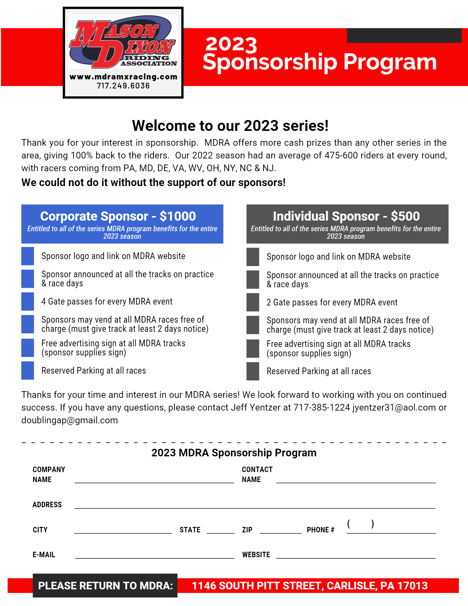 MDRA MX Motocross sponsor form and rider form