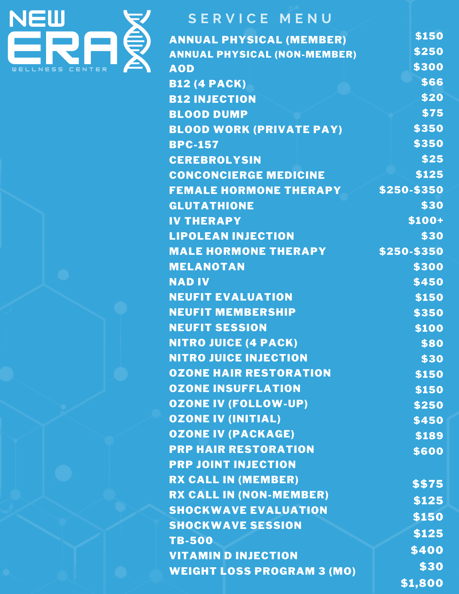 New Era Wellness Center Service Menu