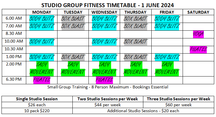 Small group fitness classes (8 participant maximum)