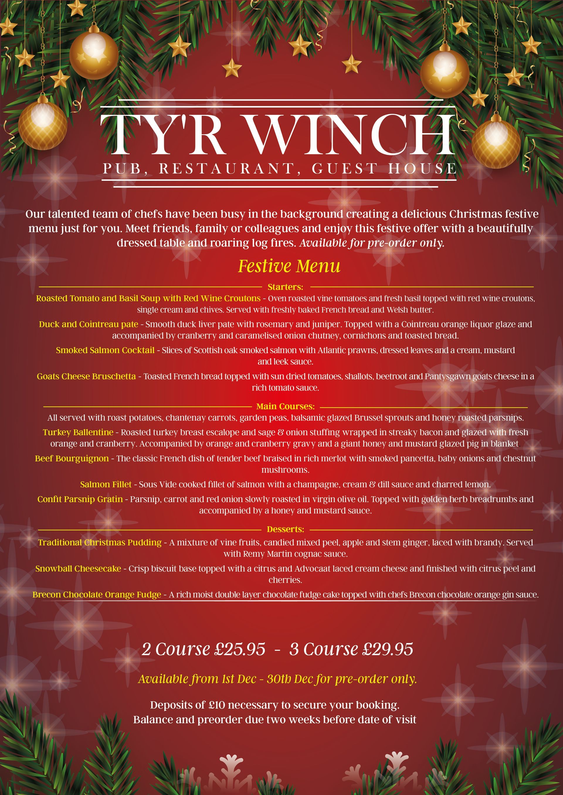 Ty'r Winch | Festive Menu | Pub Restaurant in Old St Mellons, Cardiff