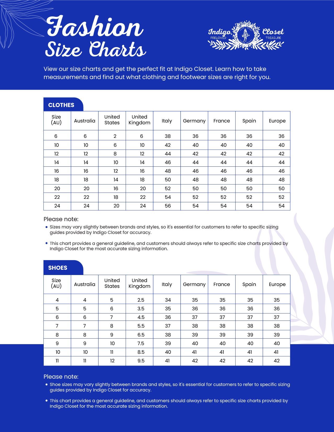 Fashion Size Charts & Guides | Indigo Closet