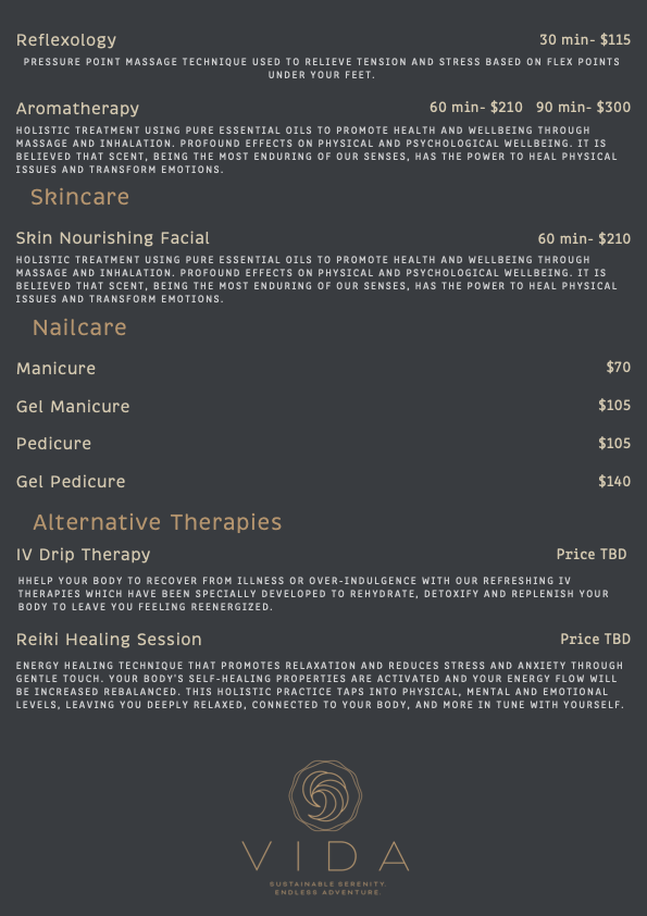 Spa Menu | Vida Cayman Islands