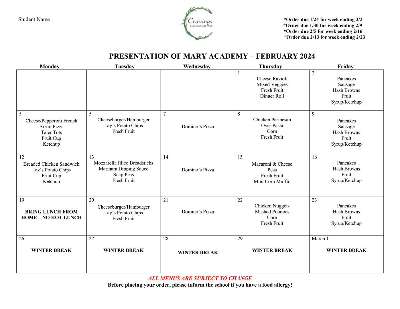Lunch Program | Presentation of Mary Academy
