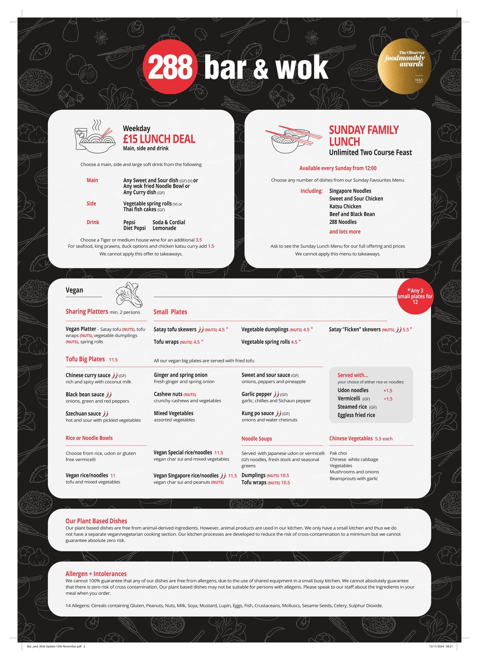 Chinese cuisine | 288 Bar & Wok | Our Menu