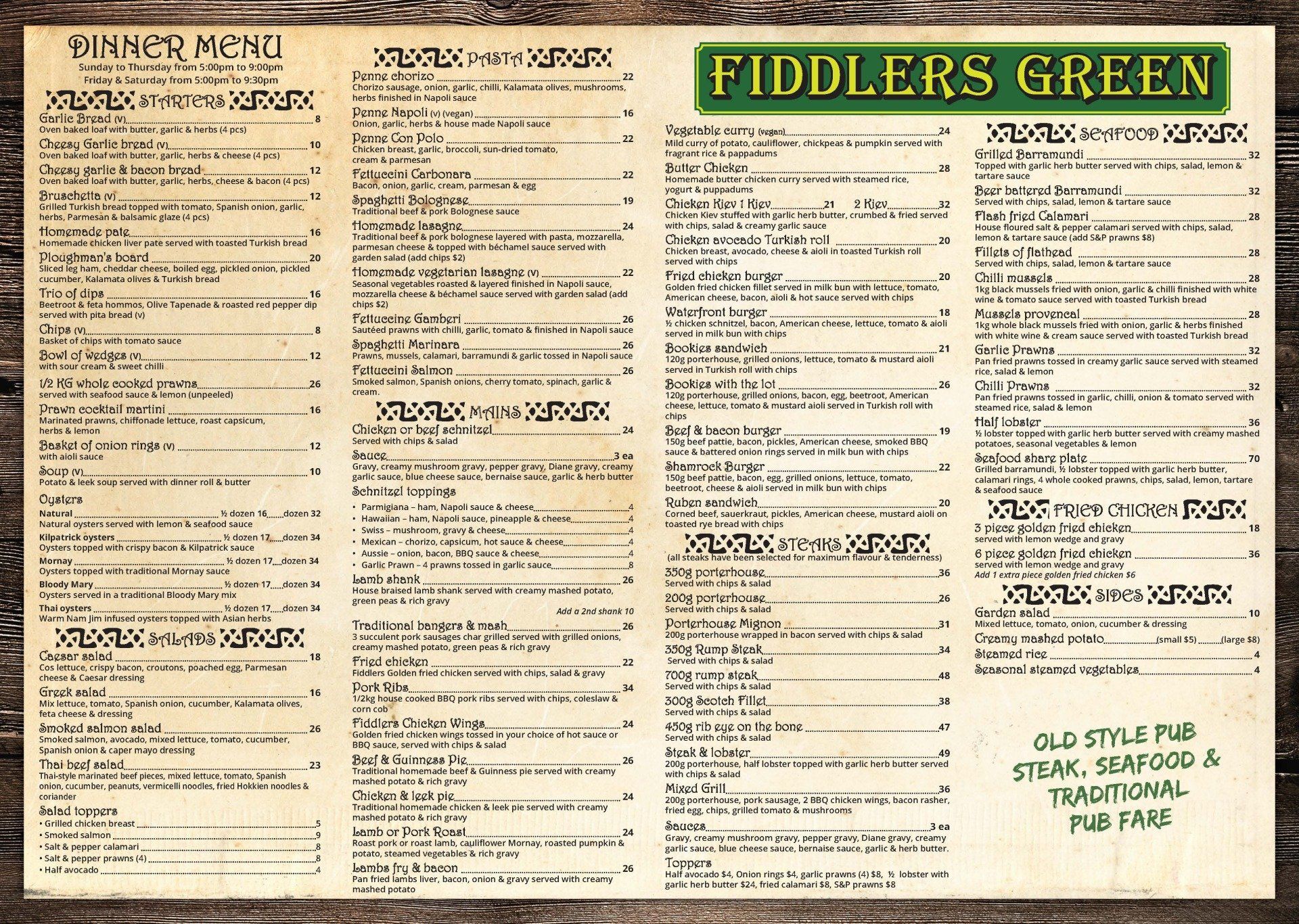 Fiddler's Green - Darwin | Menus