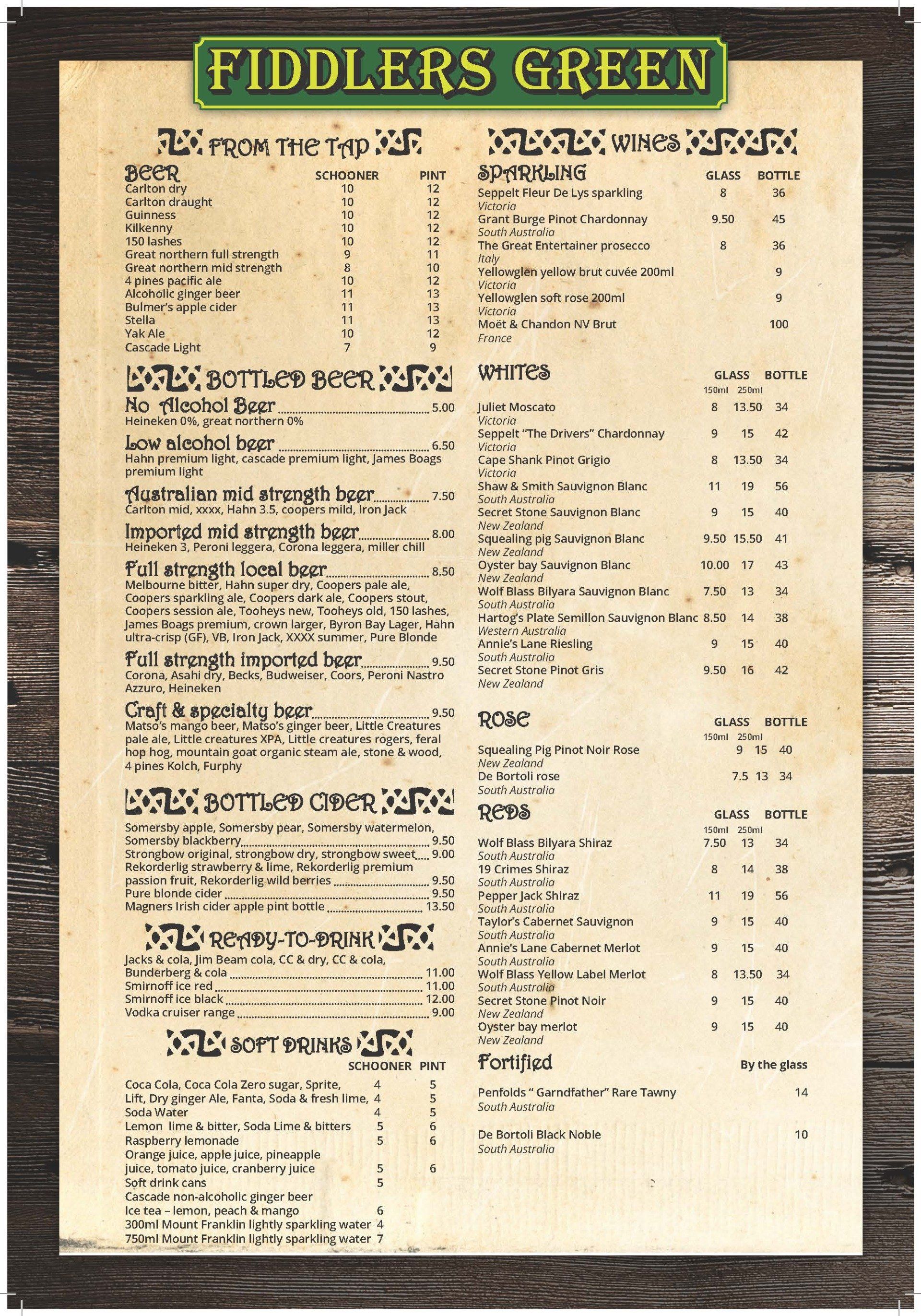 Fiddler's Green - Darwin | Menus