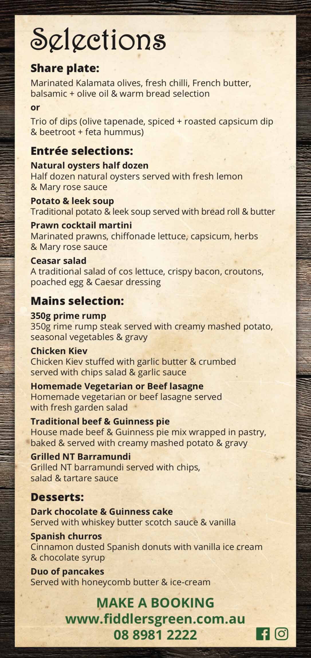 Fiddler's Green - Darwin | Menus