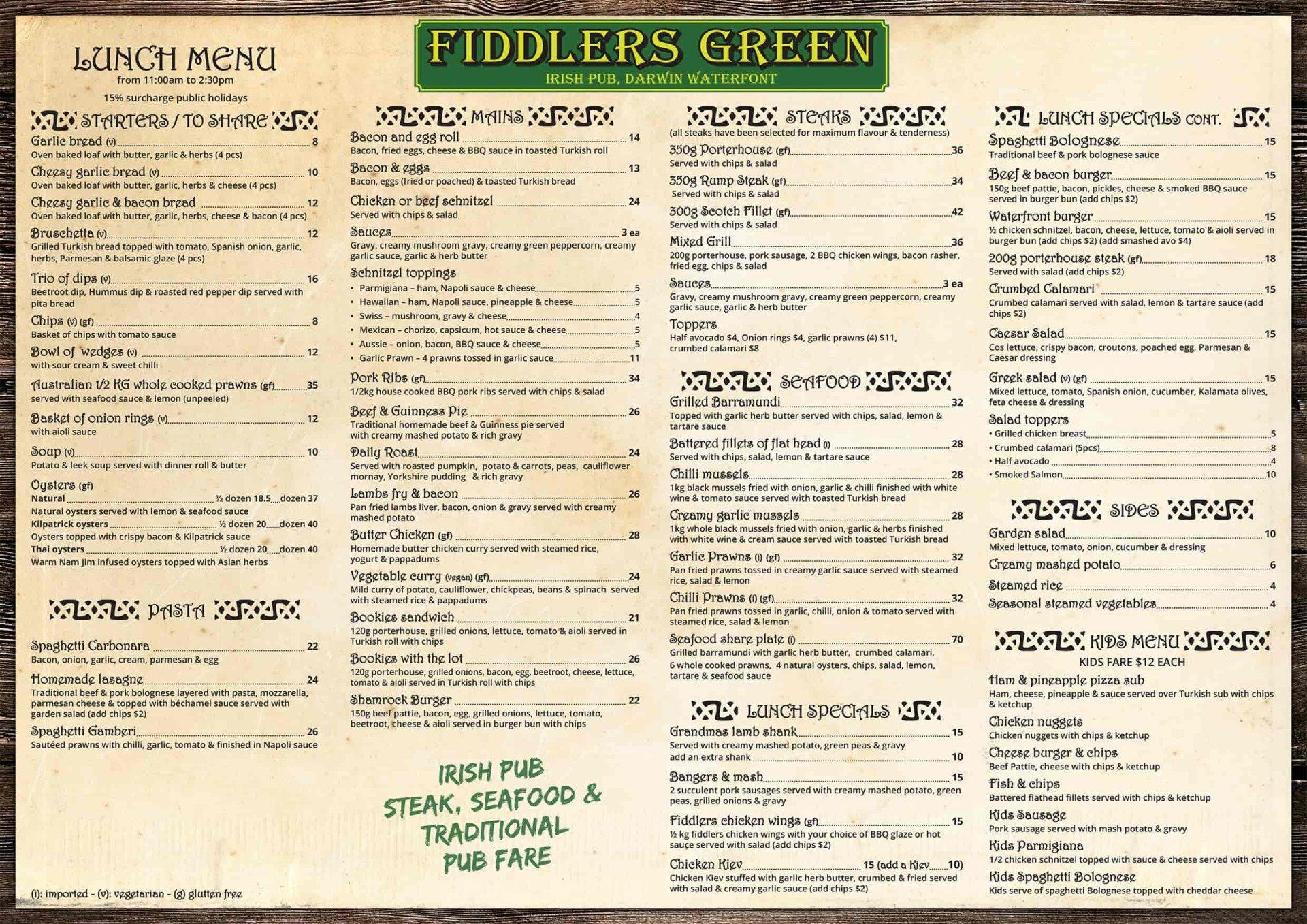 Fiddler's Green - Darwin | Menus