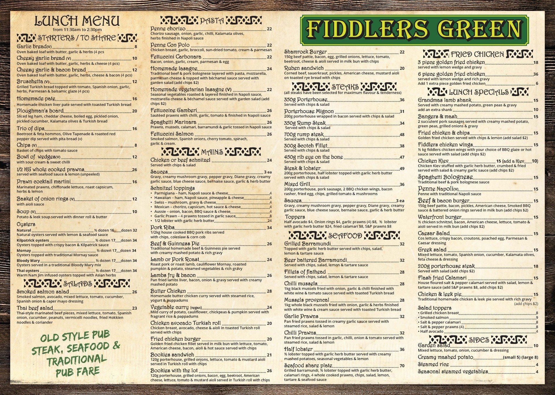 Fiddler's Green - Darwin | Menus