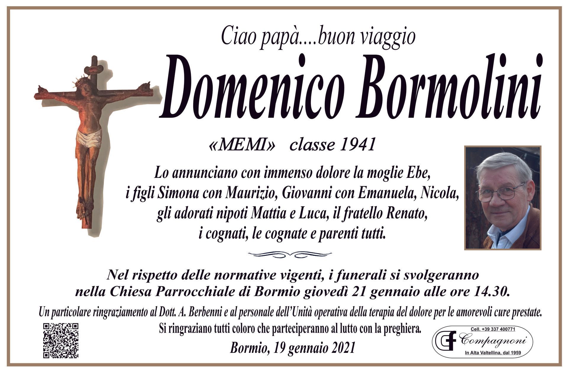 Lutto Domenico Bormolini | Necrologi Bormio, Livigno