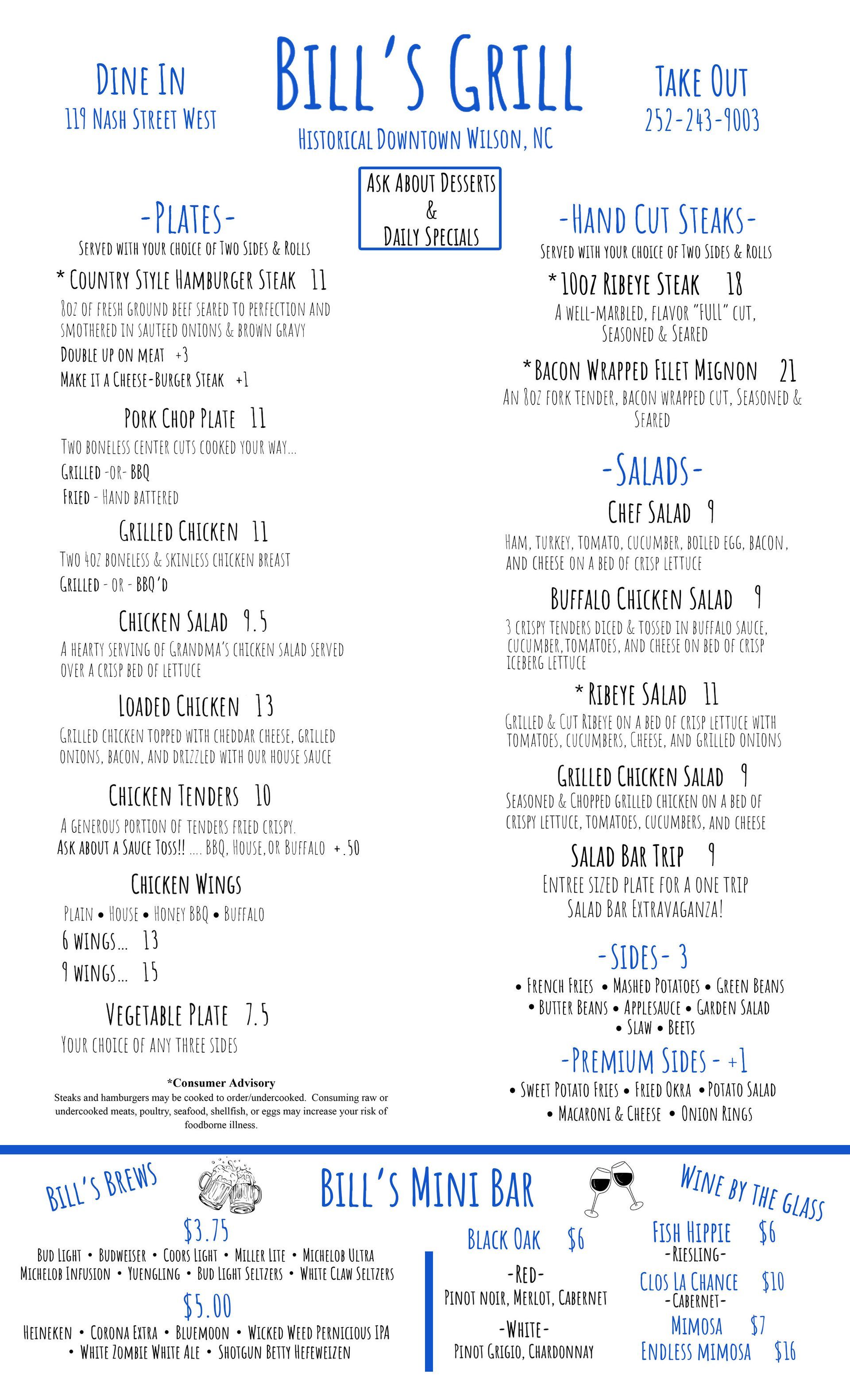 Bill's Grill - Wilson, NC - Menu