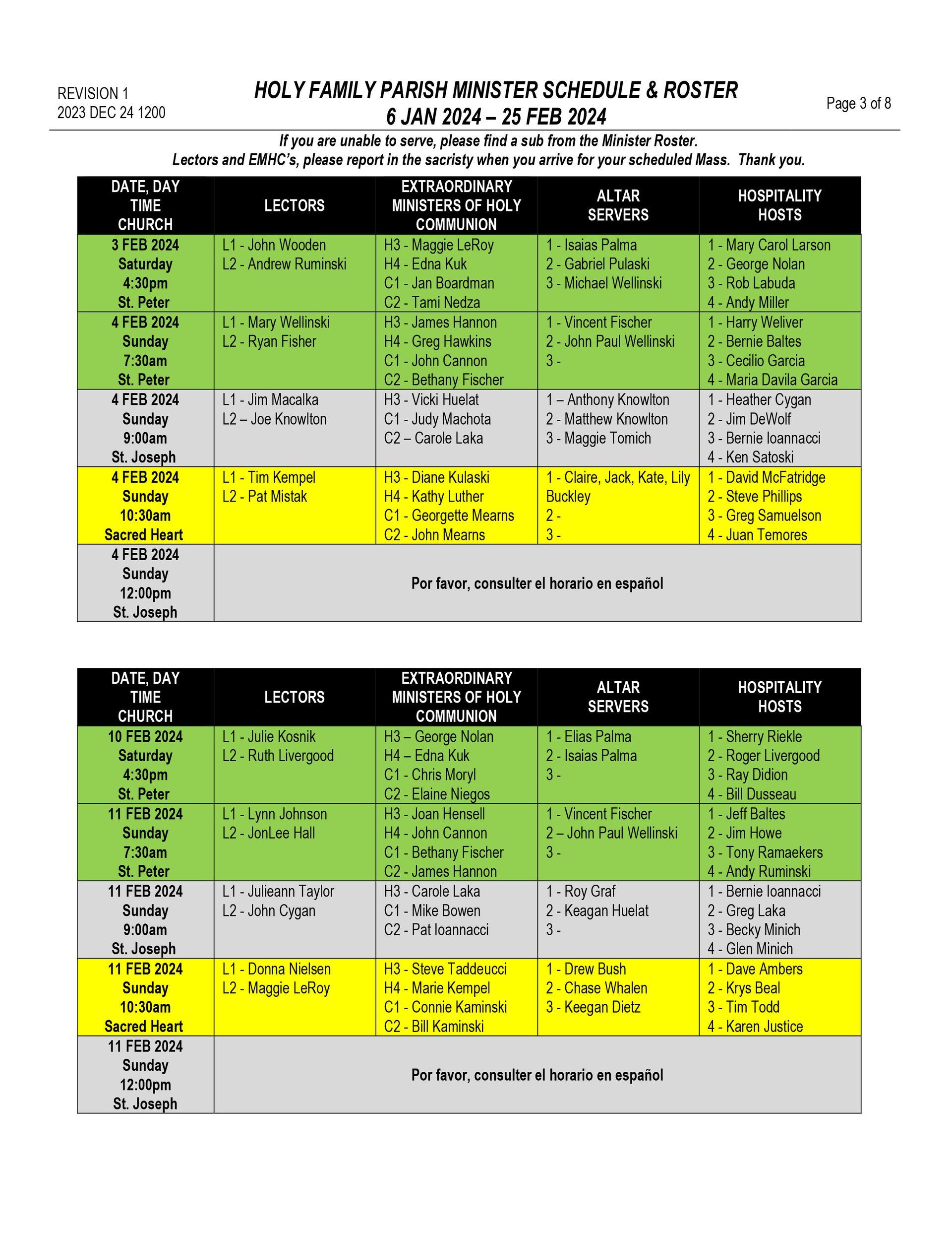 Ministers Schedule - HOLY FAMILY PARISH