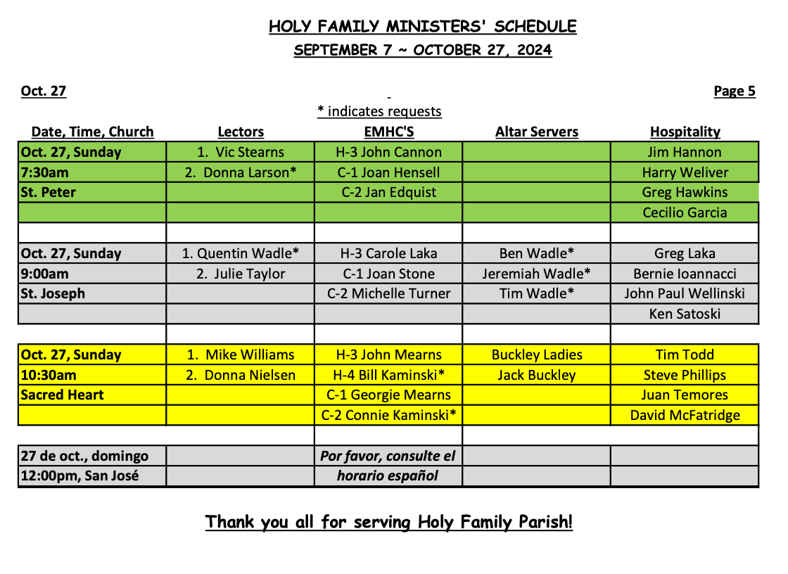 Ministers Schedule - HOLY FAMILY PARISH