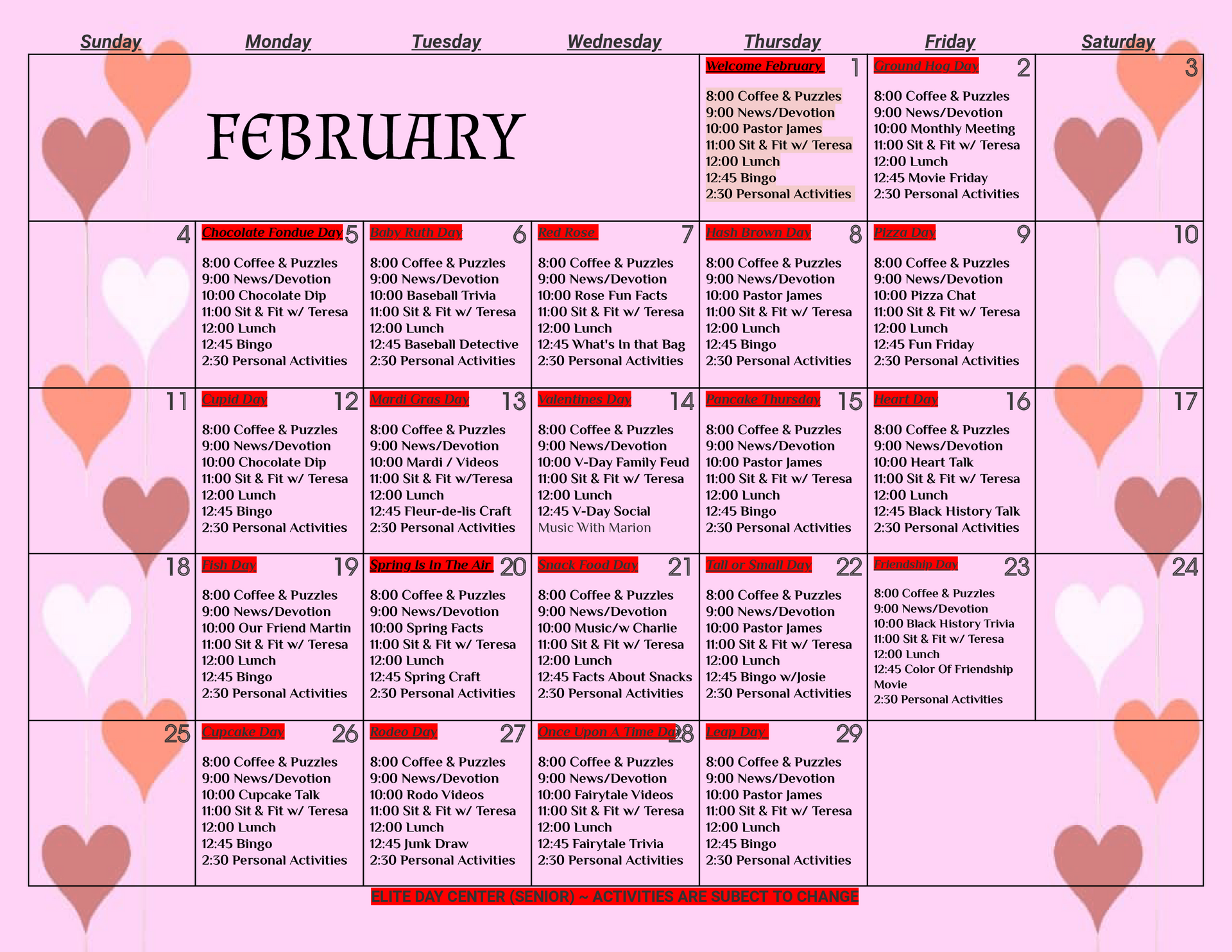 Day Center Activities Calendar - Elite Home Care
