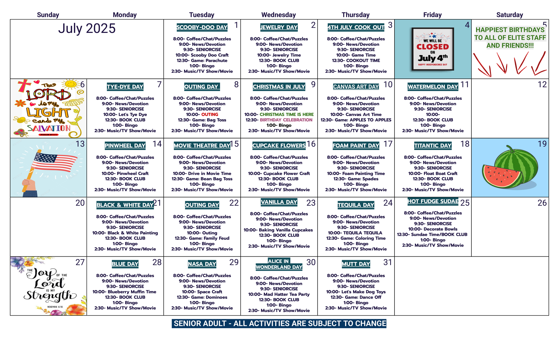 Day Center Activities Calendar - Elite Home Care