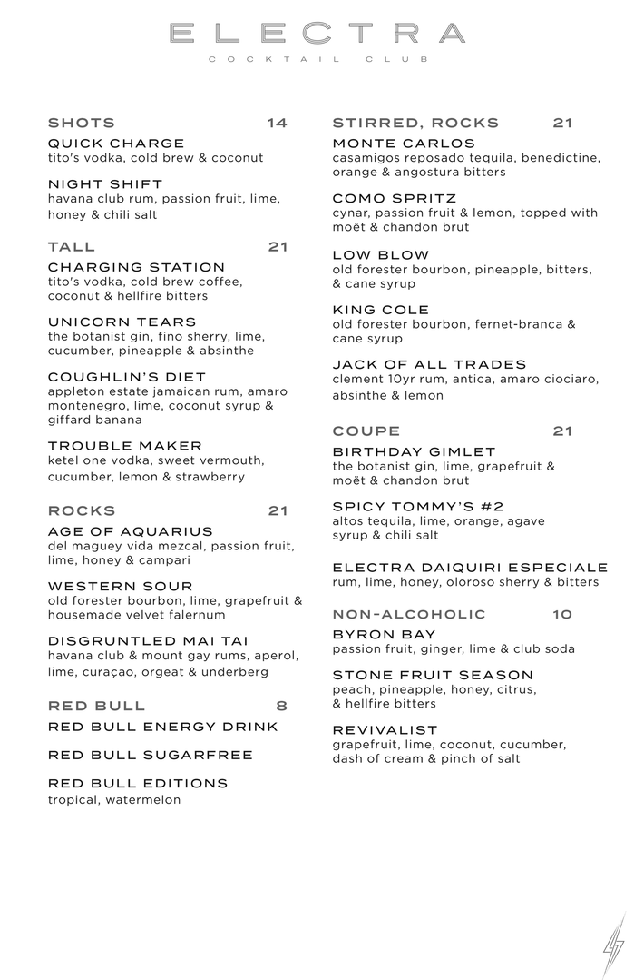 Electra Cocktail Club Menu | Electra Bar | Electra Cocktail Club