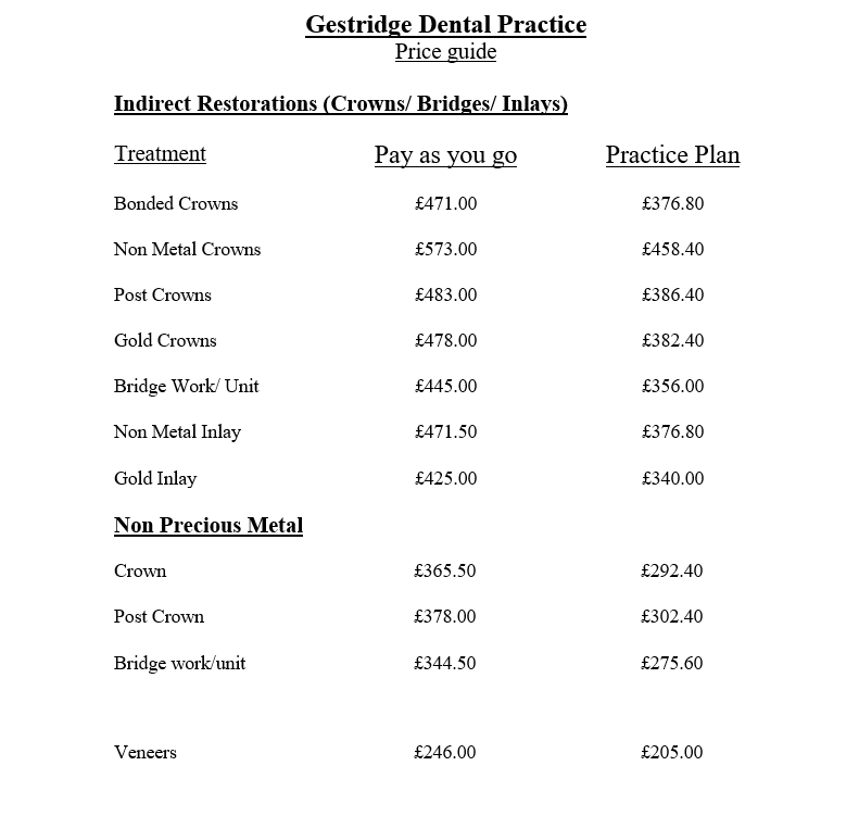 Gestride Dental Practice | Dental price guide