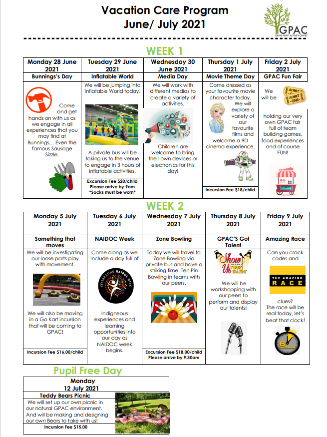 June/July Vacation Care Program and Booking Forms