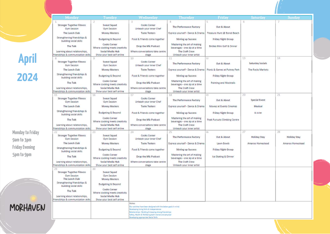 Social Events Calenders | Morhaven Disability Services