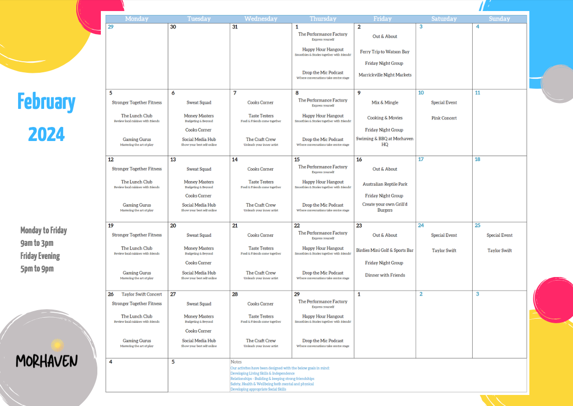 Social Events Calenders | Morhaven Disability Services