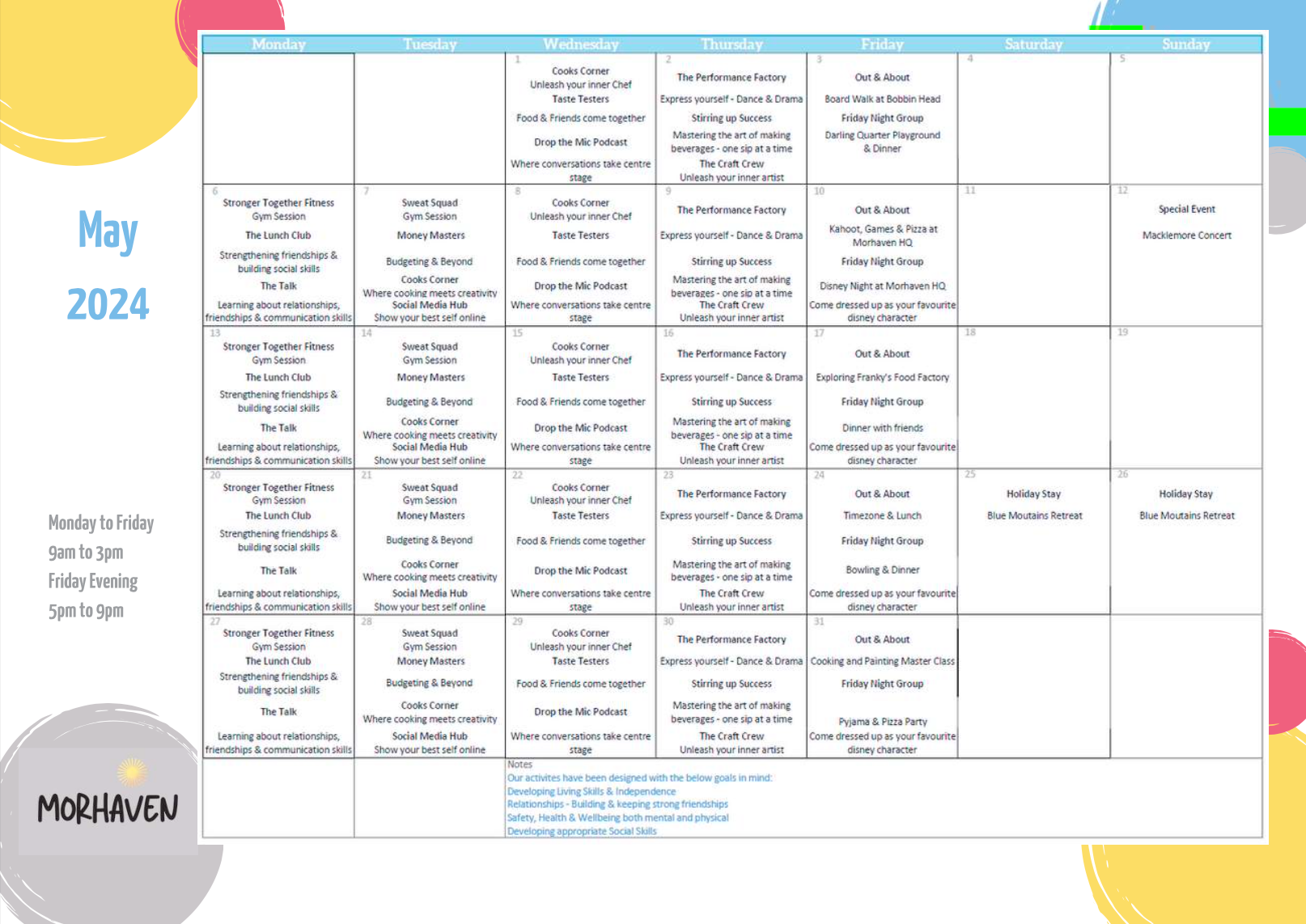 Social Events Calenders | Morhaven Disability Services