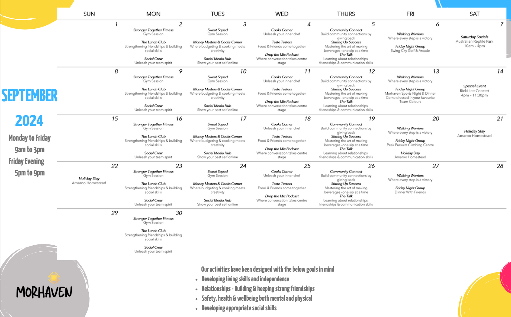 Social Events Calenders | Morhaven Disability Services