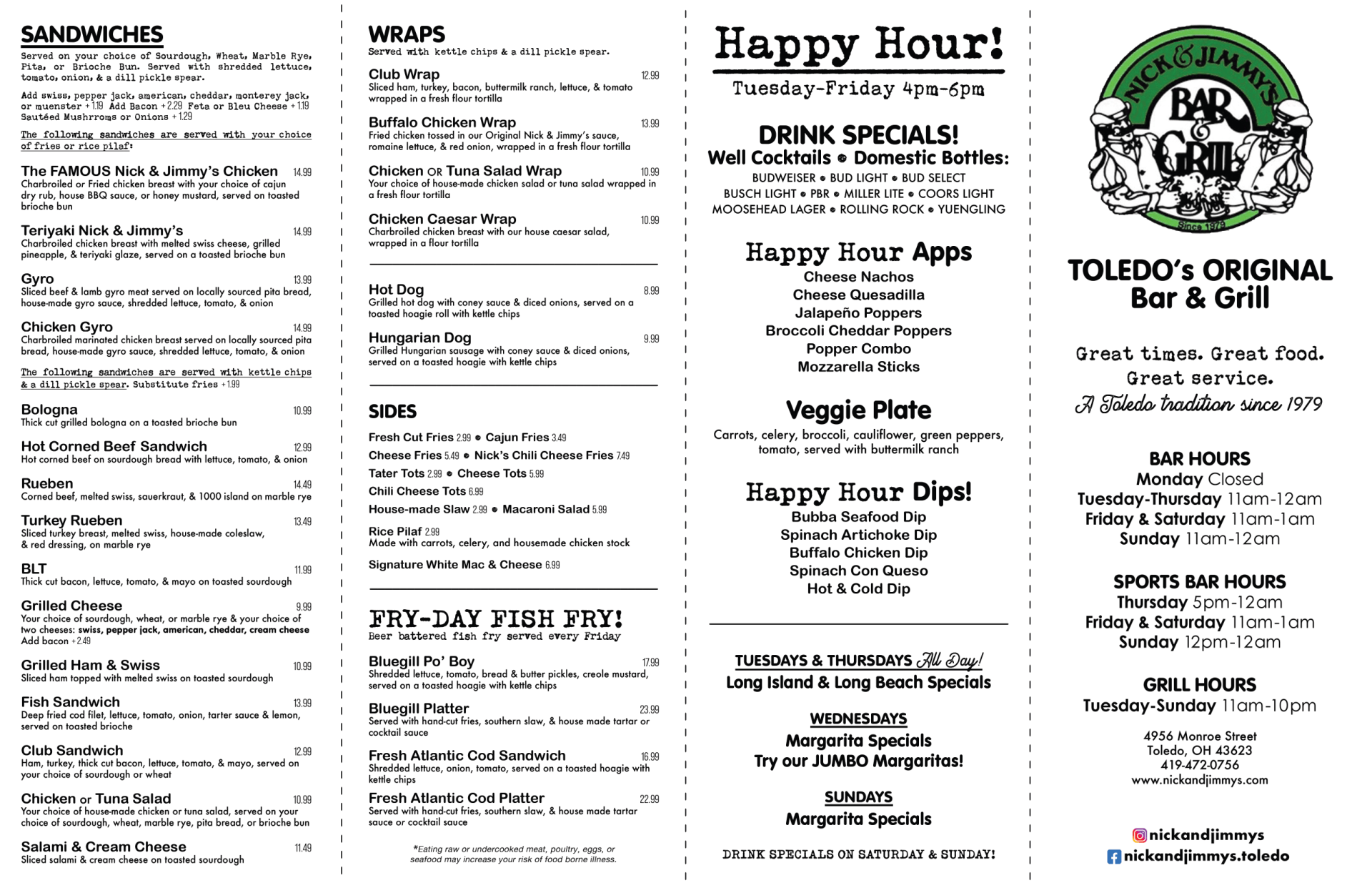 Menu {Nick & Jimmy's Bar & Grill} Toledo, Ohio
