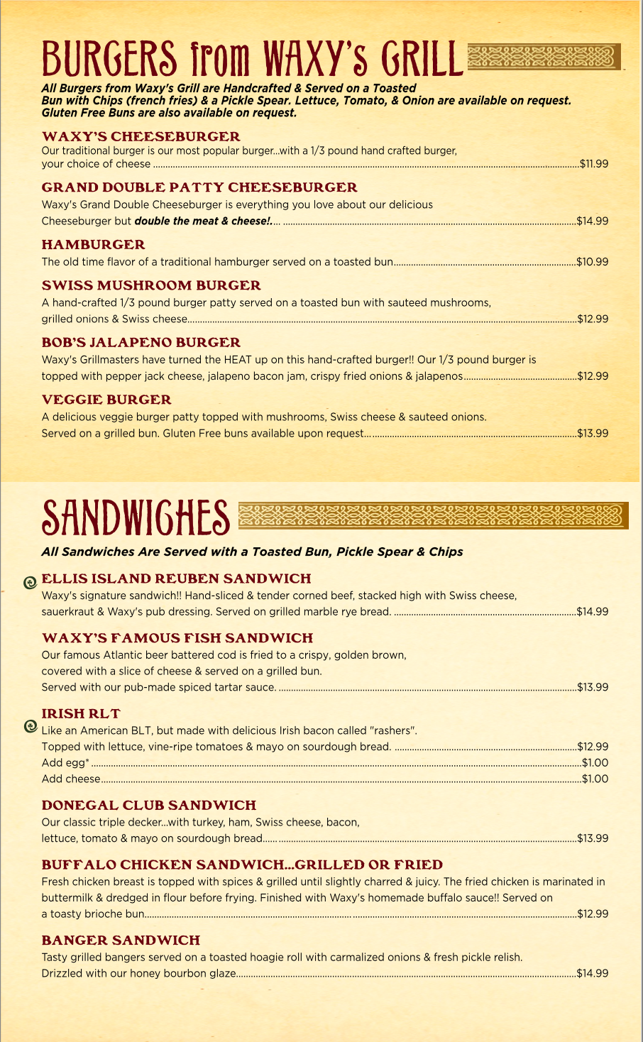 Waxy O'Shea's | Branson Mo | Menu