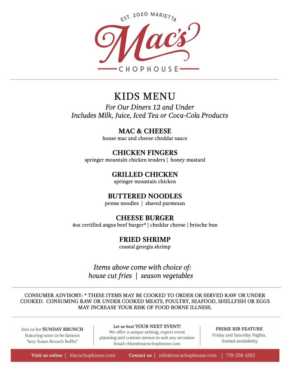 Mac's Kids Menu | Marietta Square | Mac's Chophouse