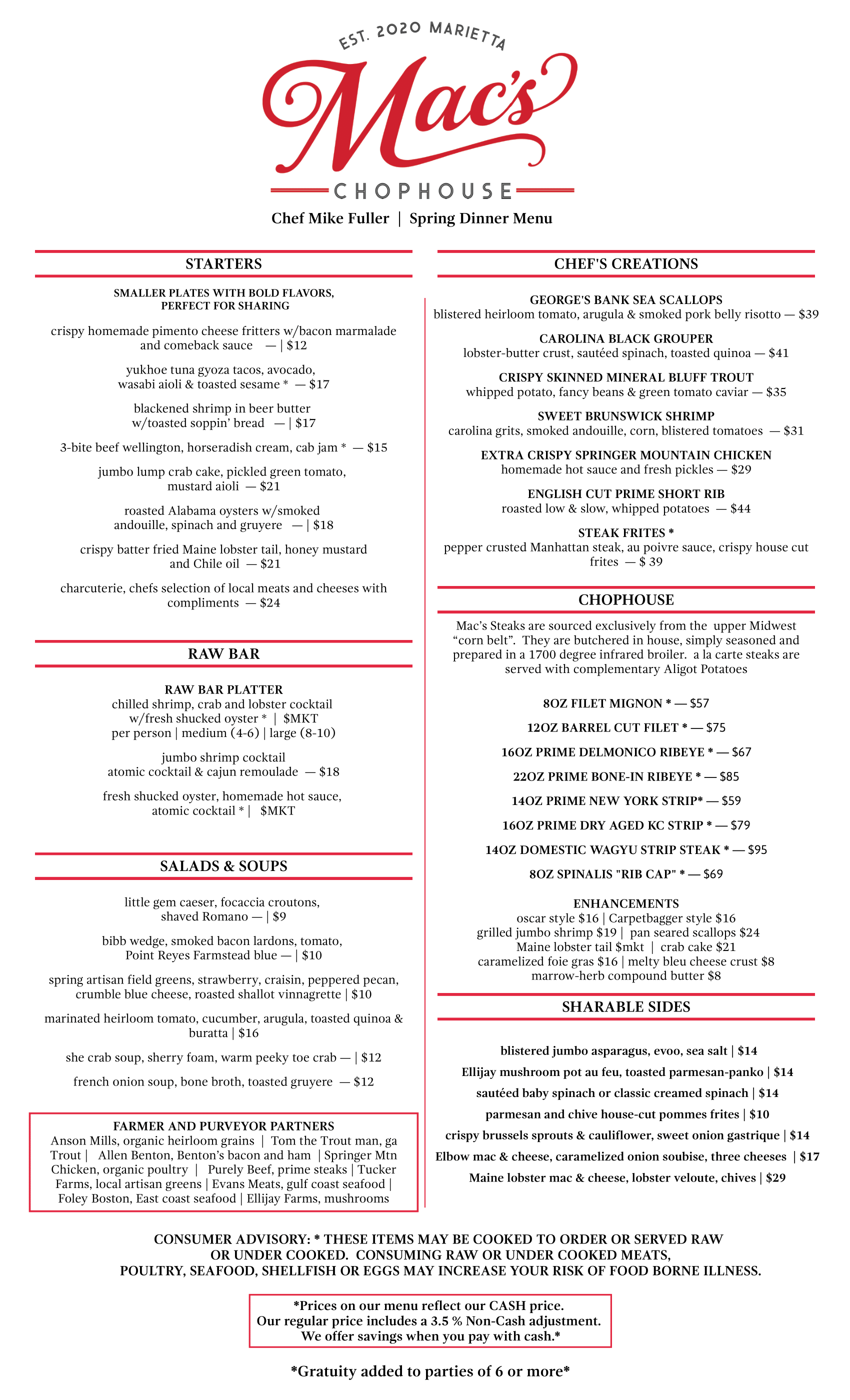 Dinner on the Square | Menu | Mac's Chophouse Marietta