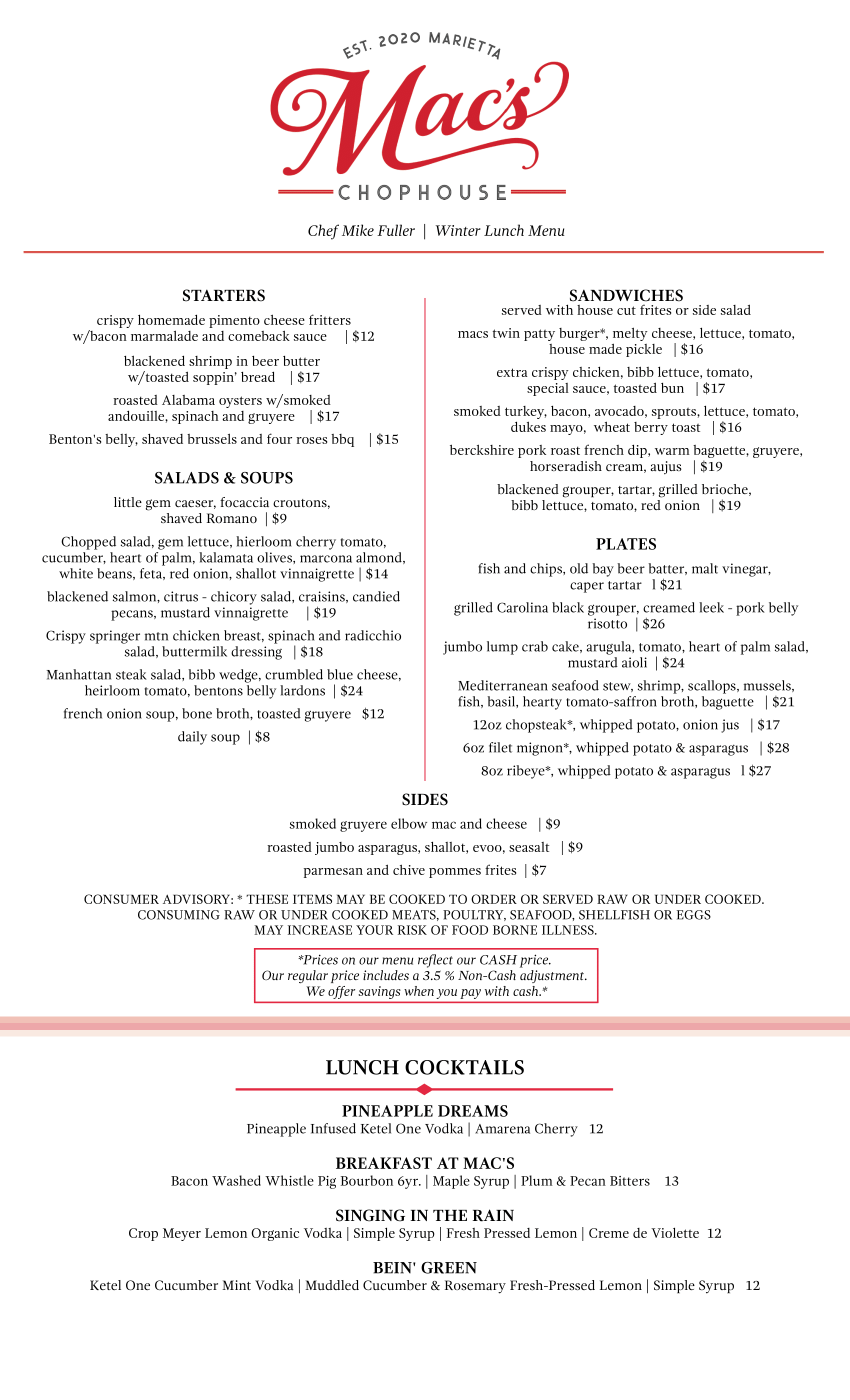 Lunch Restaurant Marietta Square | Menu | Mac's Chophouse