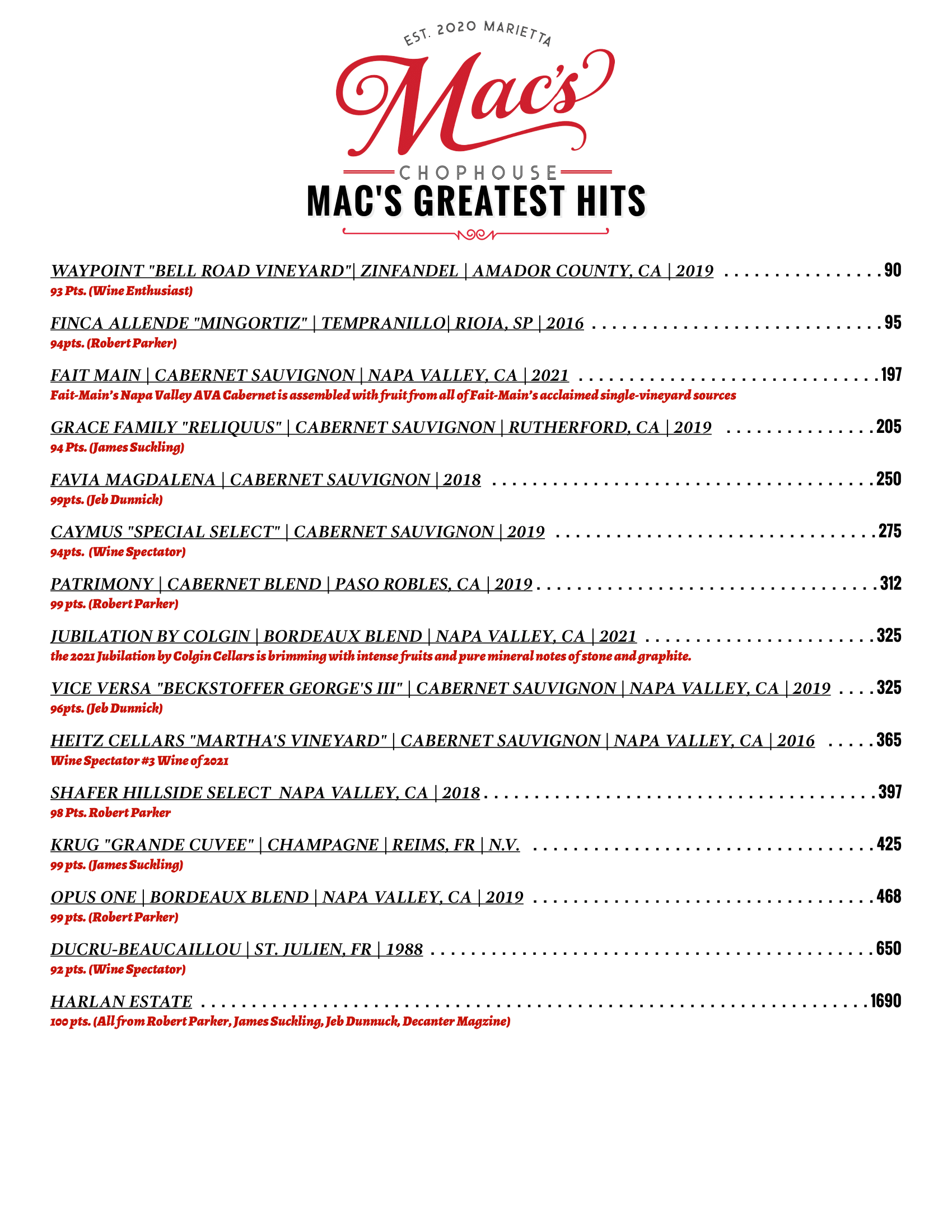 Premium Wine Colelction | Mac's Chophouse Marietta